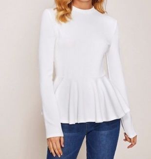 White Crew Neck Ribbed Knit Ruffle Hem Peplum Top Long Sleeve Casual Work