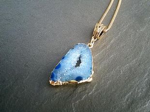 CheekyGems - Blue Geode Slice Agate Pendant Gold Necklace, Natural ...