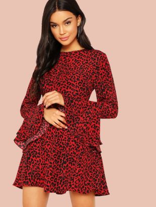 Shein - Tiered Flounce Sleeve Leopard Dress