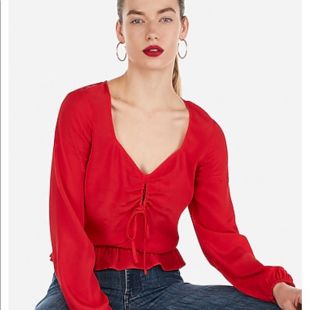 express - Sweetheart Shirred Keyhole Peplum Top