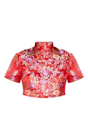 prettylittlething - Crop top rouge imprimé style asiatique à col montant