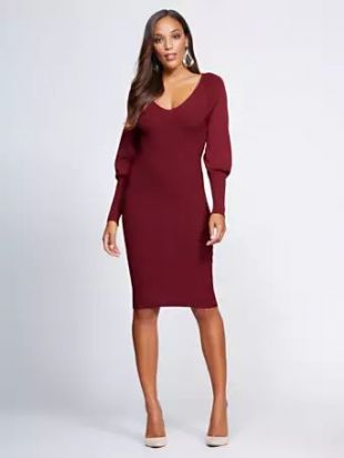 New York & Company - Burgendy V-Neck Sweater Dress