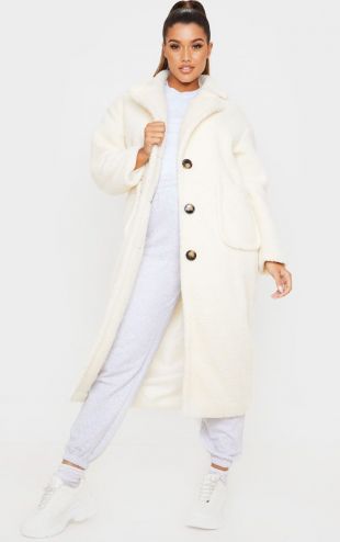 prettylittlething - Cream Maxi Borg Coat