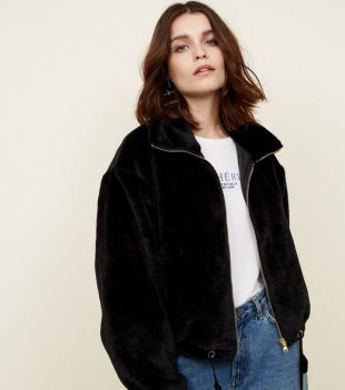 New Look - Black Zip Front Fur Jacket
