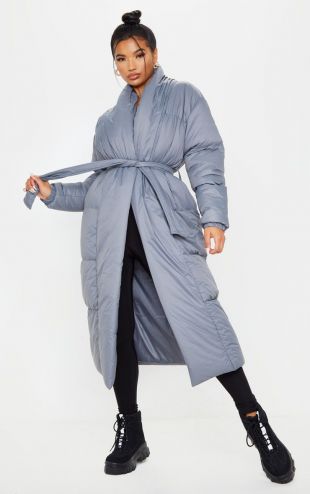 Pretty Little Thing - Charcoal Grey Collar Puffer Maxi Coat