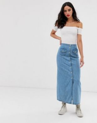 ASOS DESIGN - ASOS DESIGN - Jupe mi-longue boutonnée en denim doux - Bleu délavé moyen | ASOS