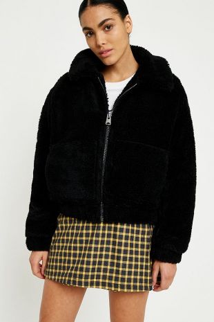 UO Urban Outfitters - Teddy Black Zip-Through Cropped Jacket