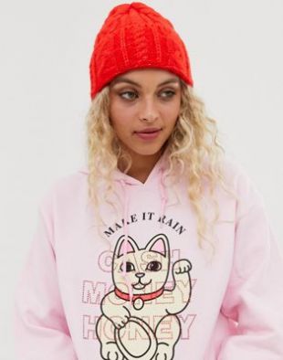 ASOS DESIGN - Cable knit beanie hat in red