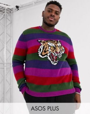 ASOS DESIGN - ASOS DESIGN Plus knitted stripe jumper with tiger design ...