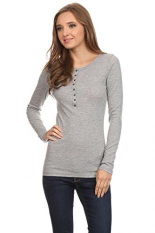 simlu - Heather Grey Henley Tops for Women Crew Neck Ribbed Long Sleeve ...