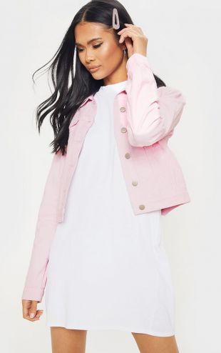 prettylittlething - Pink Cord Cropped Denim Jacket