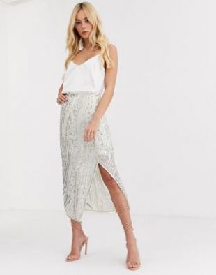 Miss Selfridge - Miss Selfridge - Jupe mi-longue à sequins - Argenté | ASOS