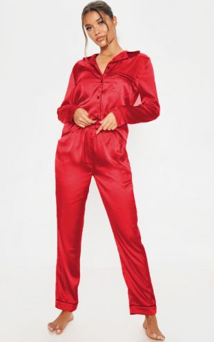 prettylittlething - Red Satin Pyjama Set