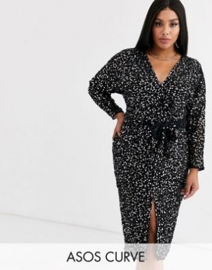 Asos Curve - ASOS DESIGN Curve - Robe mi-longue à sequins avec manches chauve-souris et taille ...
