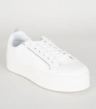New Look - White Leather-Look Lace Up Flatform Trainers