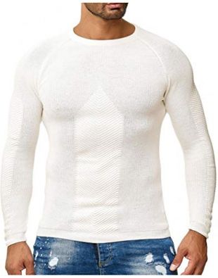 izi - Pull Fin Blanc uni strié pour Homme