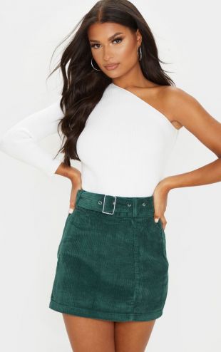 prettylittlething - Forest Green Cord Belted Denim Mini Skirt