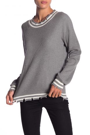 Honey Punch - Distressed Crew Neck Stripe Sweater