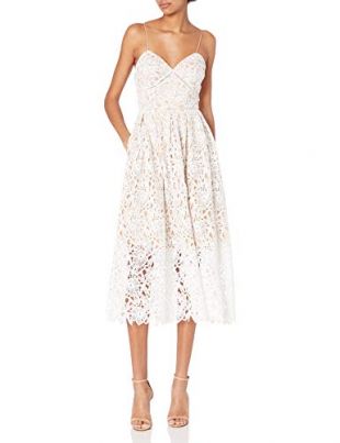 Avery G - Avery G Women's Cut Out Tea Length Lace, Ivory/Nude, 4