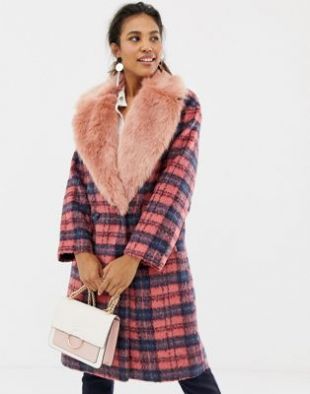ASOS DESIGN - Fur Collar Check Coat