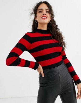Stradivarius - Ribbed long sleeve sweater in red stripe