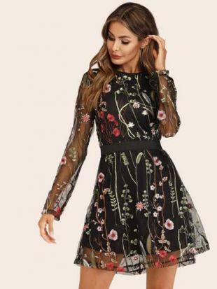 Shein - Embroidered Mesh Overlay Dress