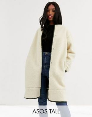 ASOS DESIGN - Tall collarless borg coat with seam detail in cream
