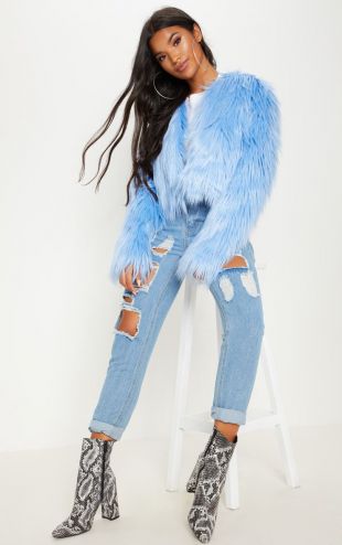 prettylittlething - Blue Cropped Shaggy Faux Fur Jacket