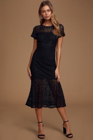 Lulus - New York Minute Black Lace Midi Trumpet Dress
