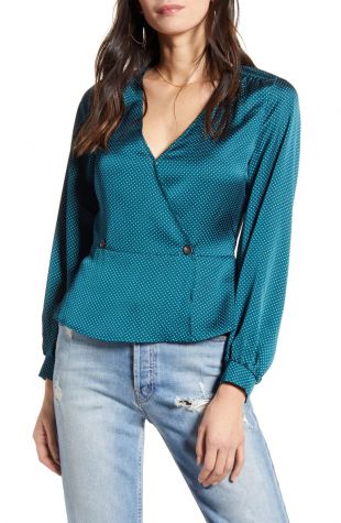 All in Favor - Blue Satin Button Top