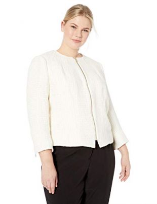 Anne Klein - Women's Size Plus Zip Front Tweed Jacket, Anne White Combo