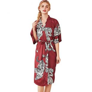 swyss - Sleepwear Silk Tiger Printed Kimono Robe