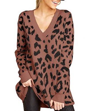 ashuai - Womens Leopard Long Pullovers V Neck Loose Knitted Jumper ...