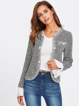 Shein - Contrast Ruffle Tweed Jacket