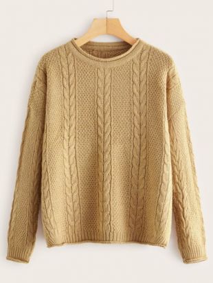 romwe - Rolled Edge Knit Drop Shoulder Solid Sweater