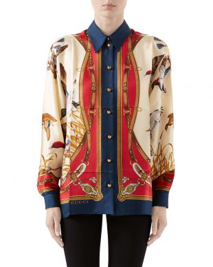 Gucci - Gucci Flying Ducks & Belts Print Silk Twill Shirt