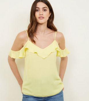 New Look - Yellow Frill Trim Cold Shoulder Top