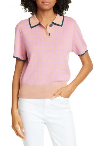 Kate Spade New York - Pink Checked Knit Polo Sweater