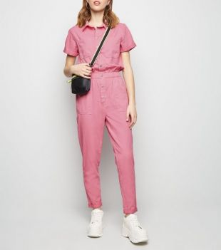 New Look - Bright Pink Tapered Leg Denim Jumpsuit Pink