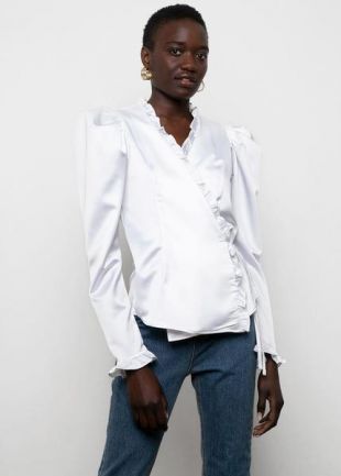 thefranckieshop - White Satin Ruffle Wrap Blouse