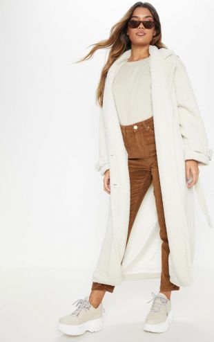 prettylittlething - Cream Borg Oversized Belted Coat