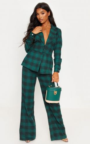 prettylittlething - Green Check Wide Leg Pants