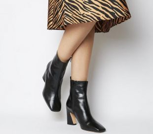 office - Black Leather Square Toe Block Heel Boot