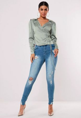 Missguided - Green Satin Wrap Blouse