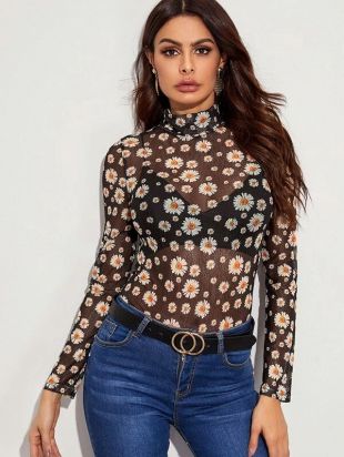 Shein - Flo­ral Mesh Top