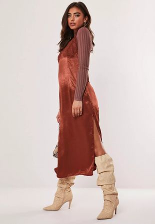 Missguided - Rust Satin Lace Slip Midi Dress