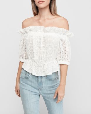 express - Off Shoulder Ruffle Top White