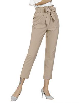 freeprance - Casual Trouser Paper Bag Pants Elastic Waist Slim Pockets