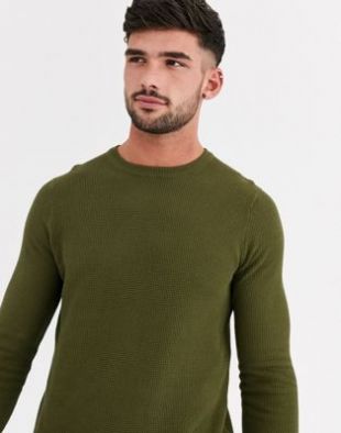 New Look - New Look waffle crew neck sweater in green | ASOS