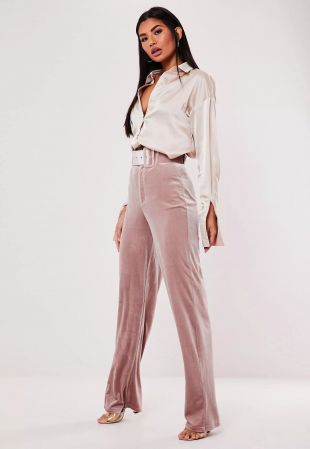 Missguided - Pink Velvet Belted Straight Leg Pants